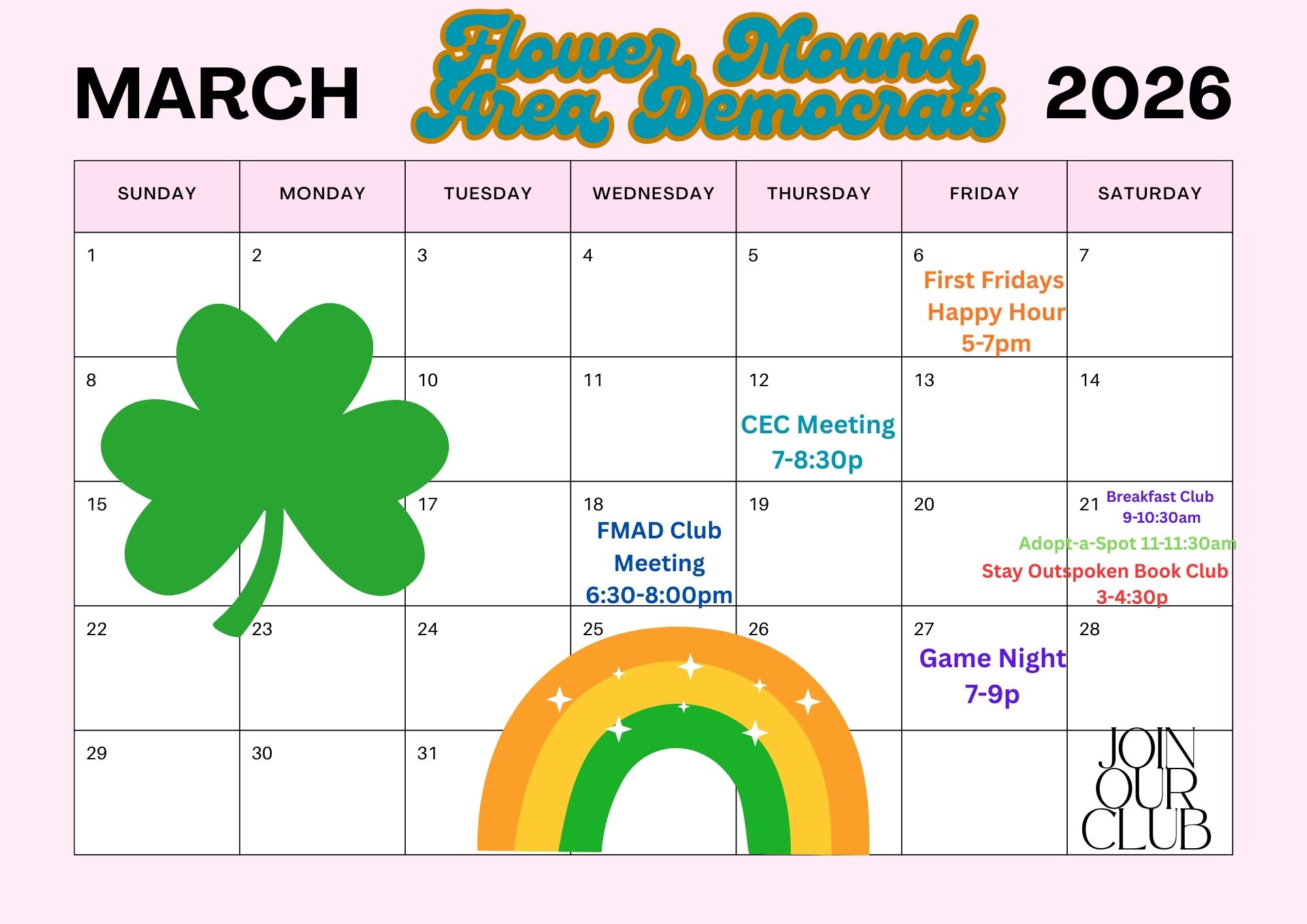 FMAD March Club Calendar 2026 – Flower Mound Area Democrats